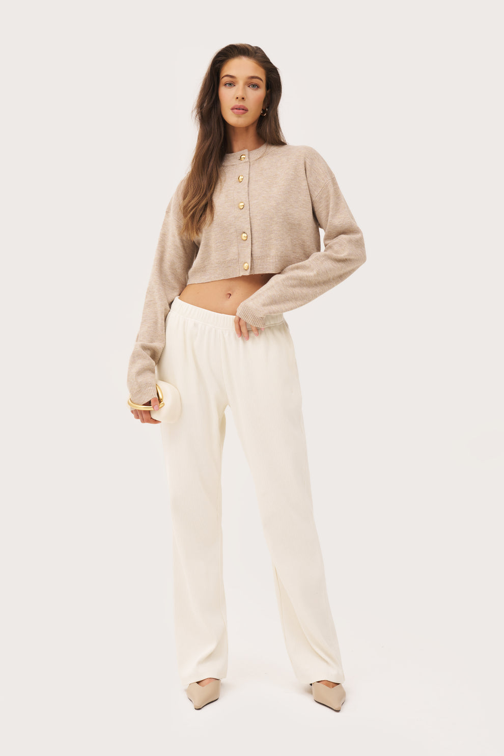 Cosy Cropped Cardigan - Beige Marl – Maebe